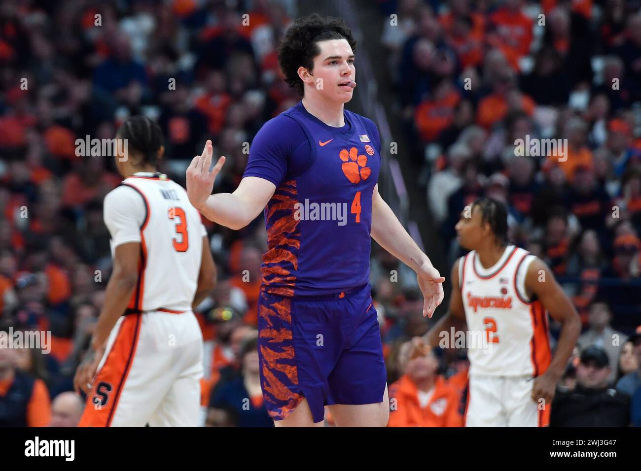 Clemson forward Ian Schieffelin (4) reacts during the second half of an NCAA college basketball ...