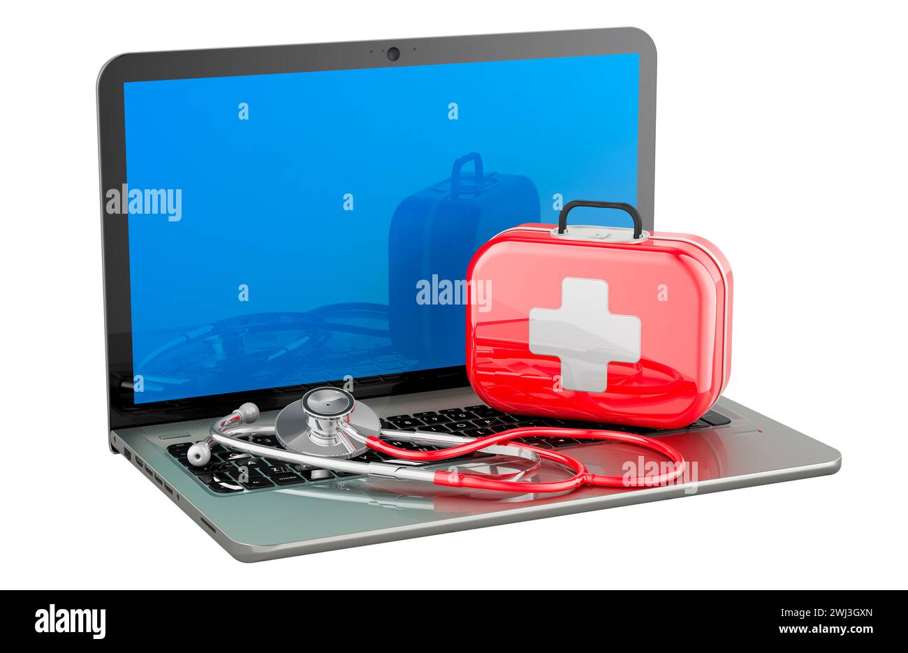 Laptop with stethoscope and first aid kit, 3D rendering isolated on ...