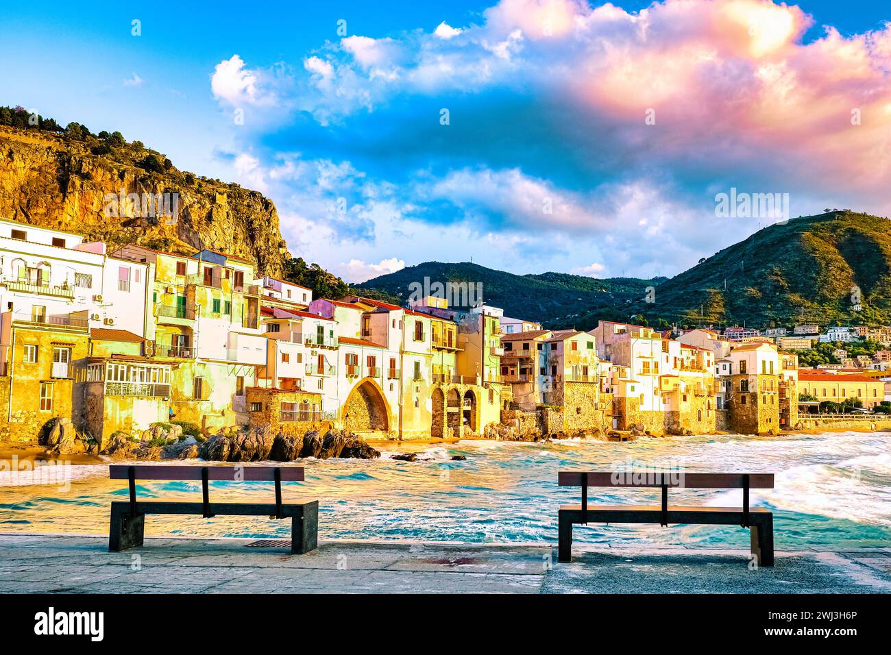 Sunset at the beach of Cefalu Sicily, old town of Cefalu Sicilia ...