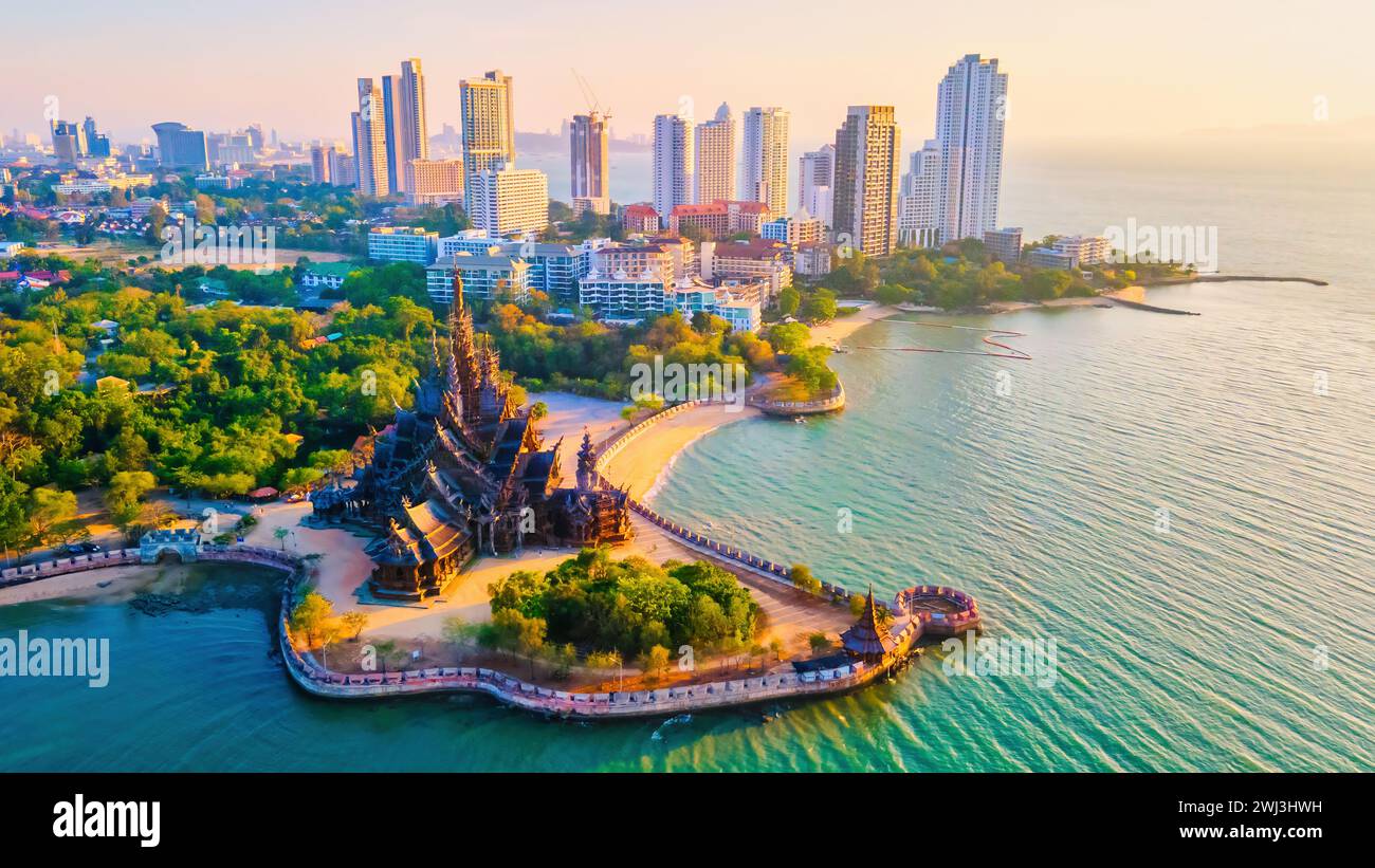 Sanctuary of Truth, Pattaya, Thailand, wooden temple by the ocean at ...