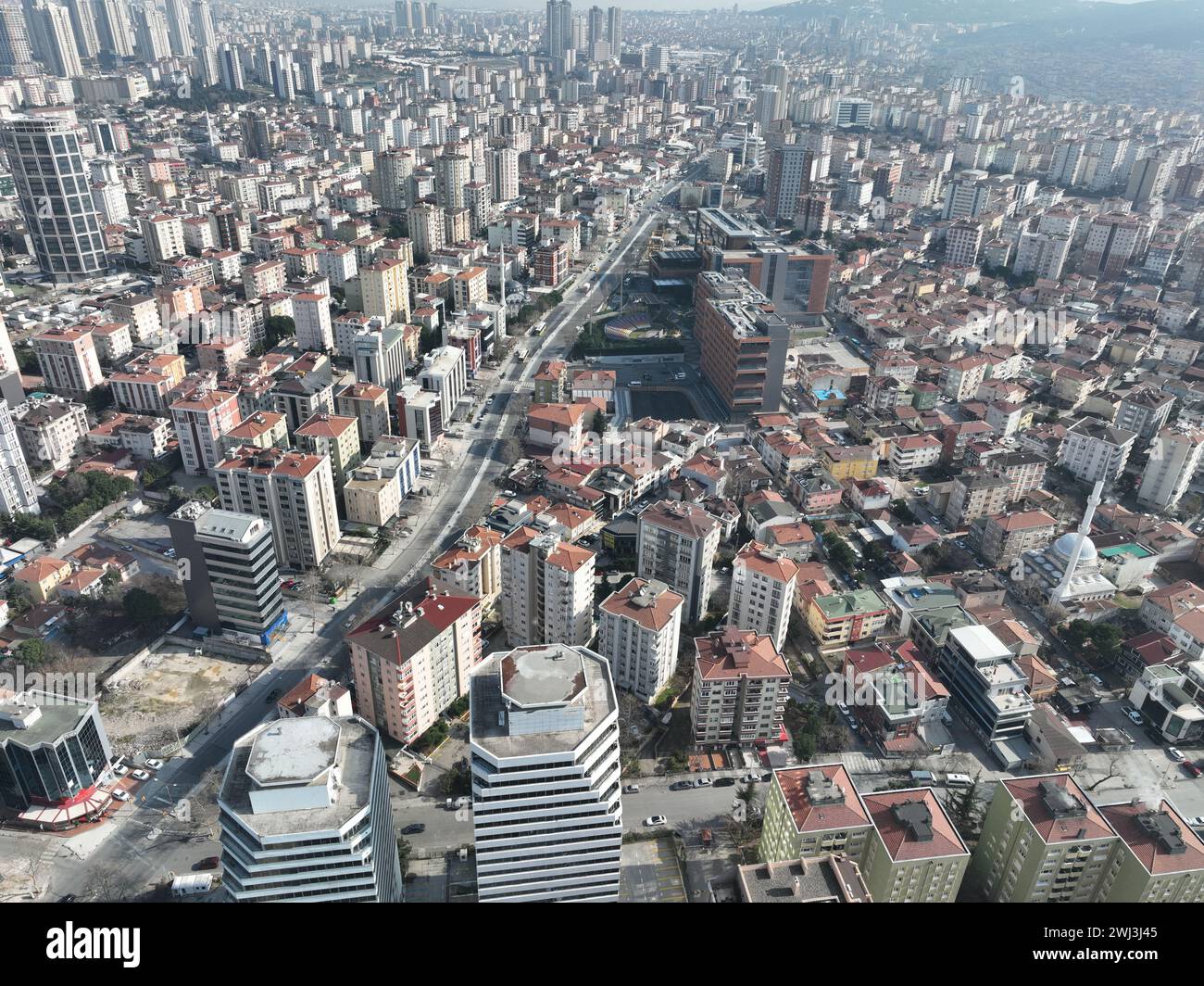Cinematic aerial view of city skyline modern business financial ...