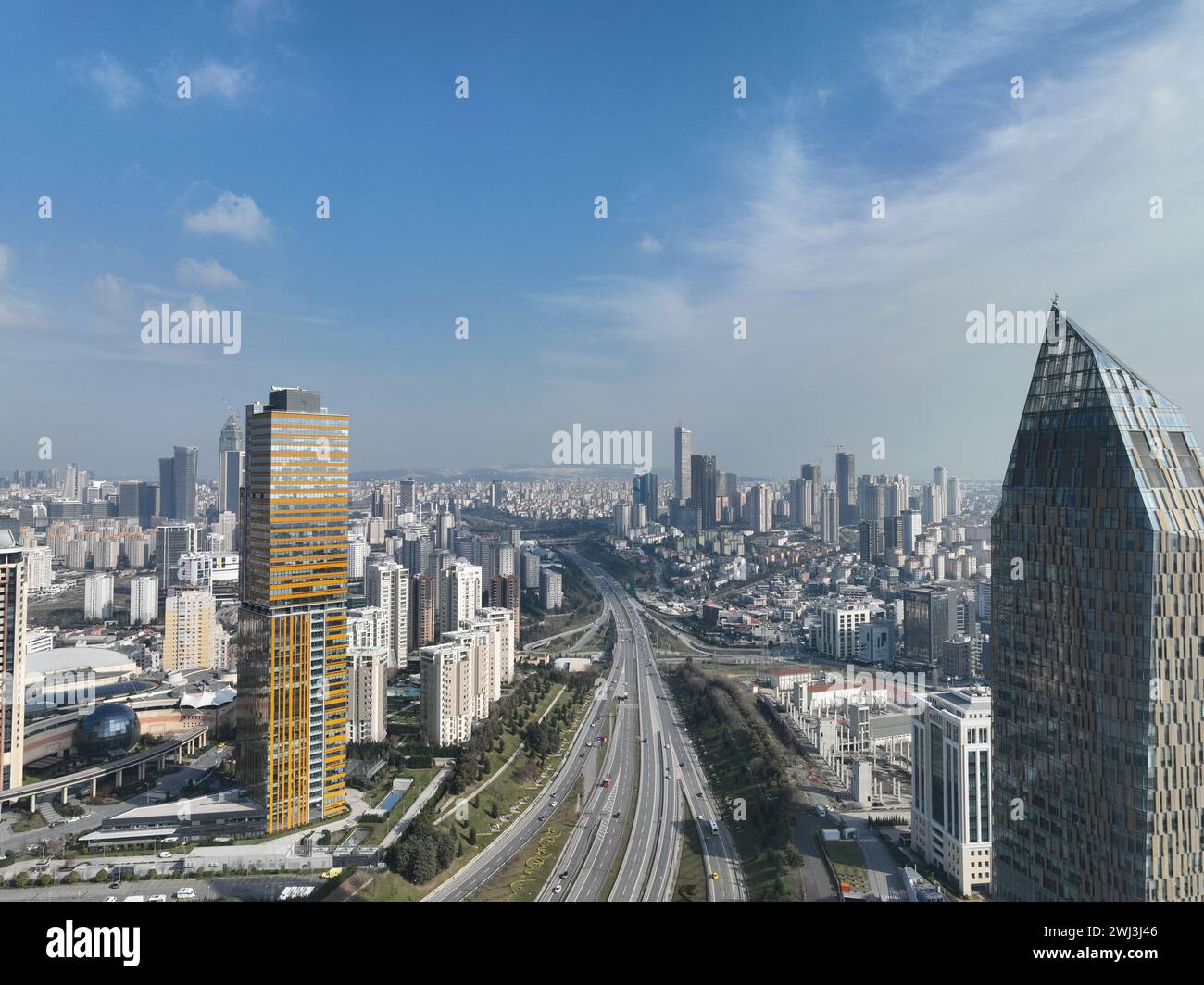 Cinematic aerial view of city skyline modern business financial ...