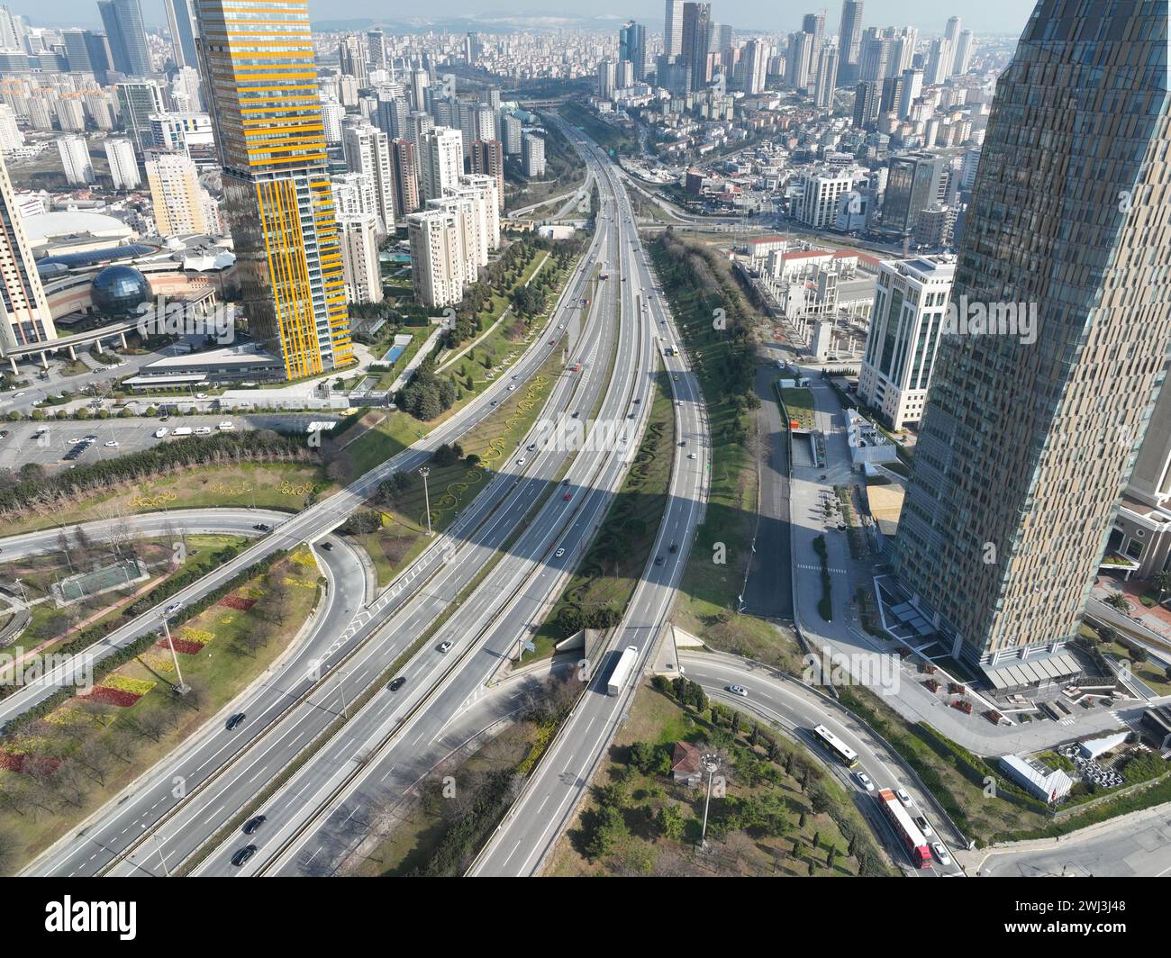 Cinematic aerial view of city skyline modern business financial ...