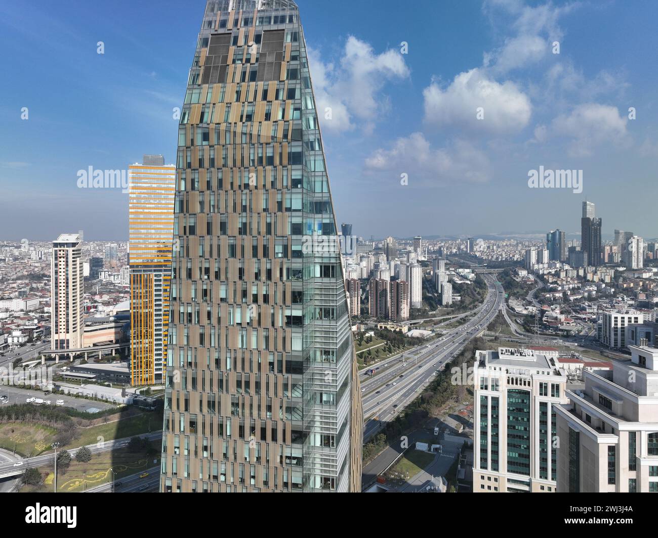 Cinematic aerial view of city skyline modern business financial ...