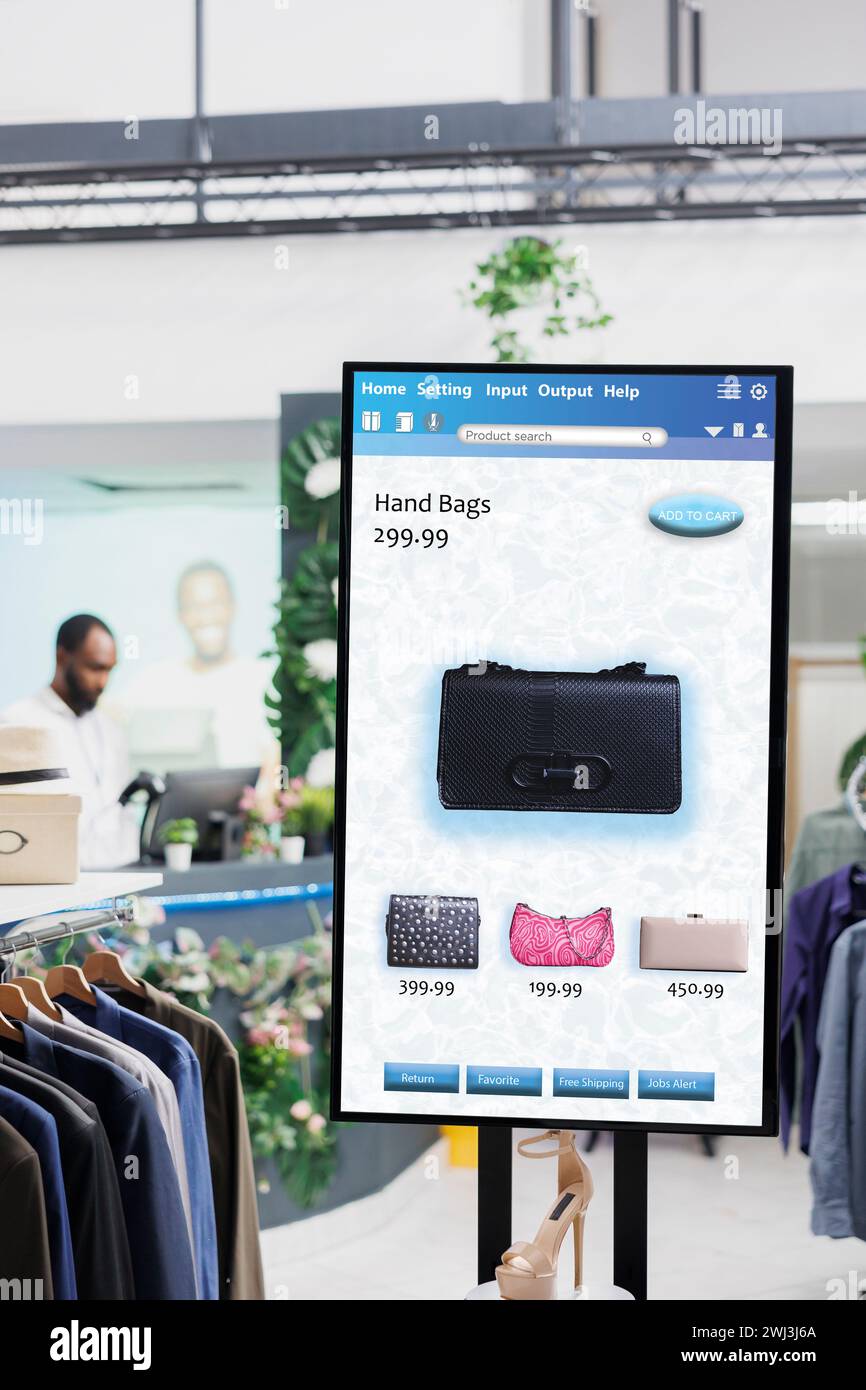 Modern self ordering kiosk display with different fashion items for ...