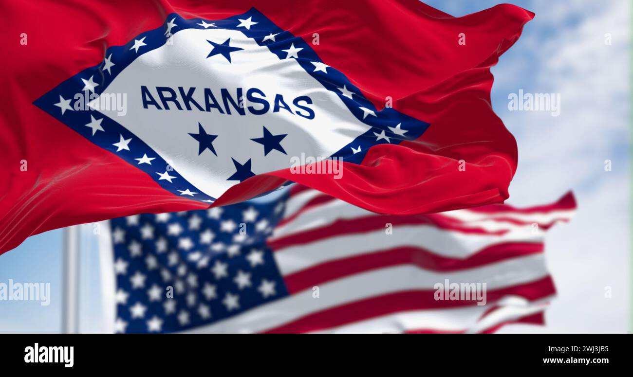 Close-up of Arkansas state flag waving with the American flag on a ...