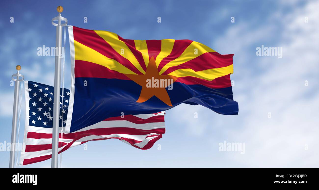 Flags of Arizona and United States waving in the wind on a clear day ...
