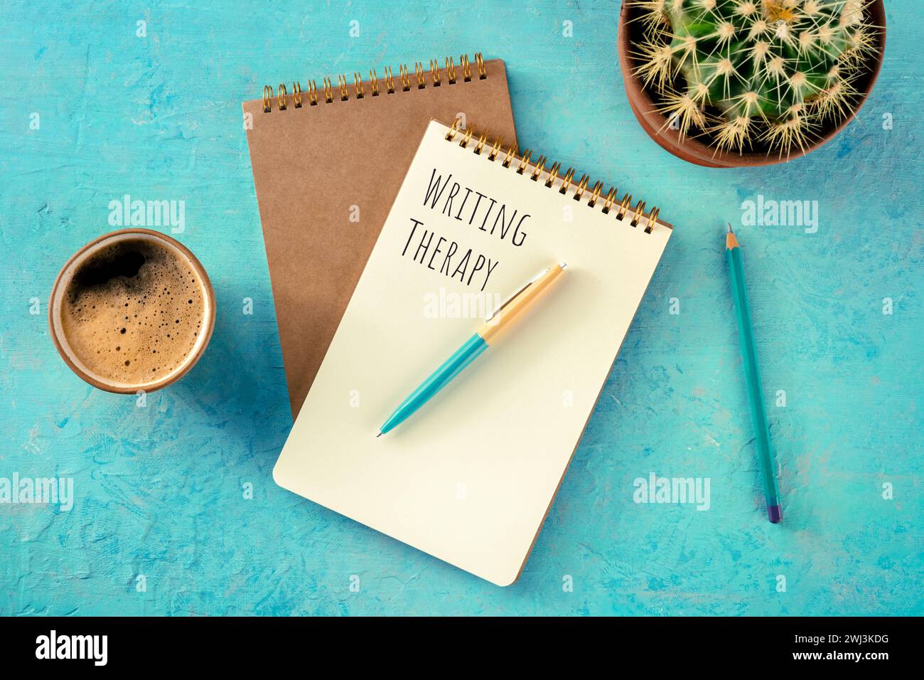 Writing Therapy. Notebook with a pen, coffee, and a plant, overhead ...