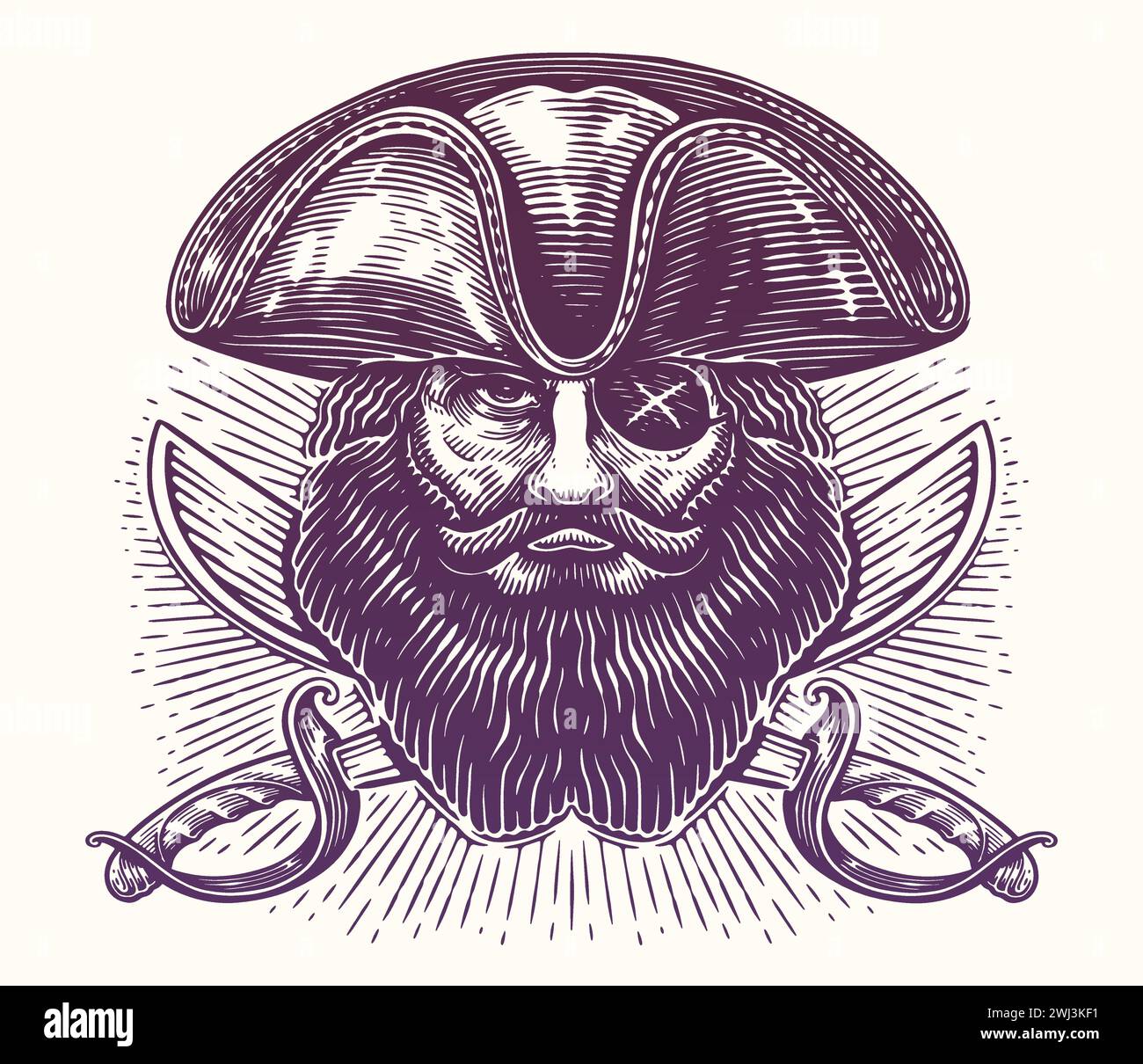 Hand drawn head and saber of a pirate captain. Vintage sketch vector ...