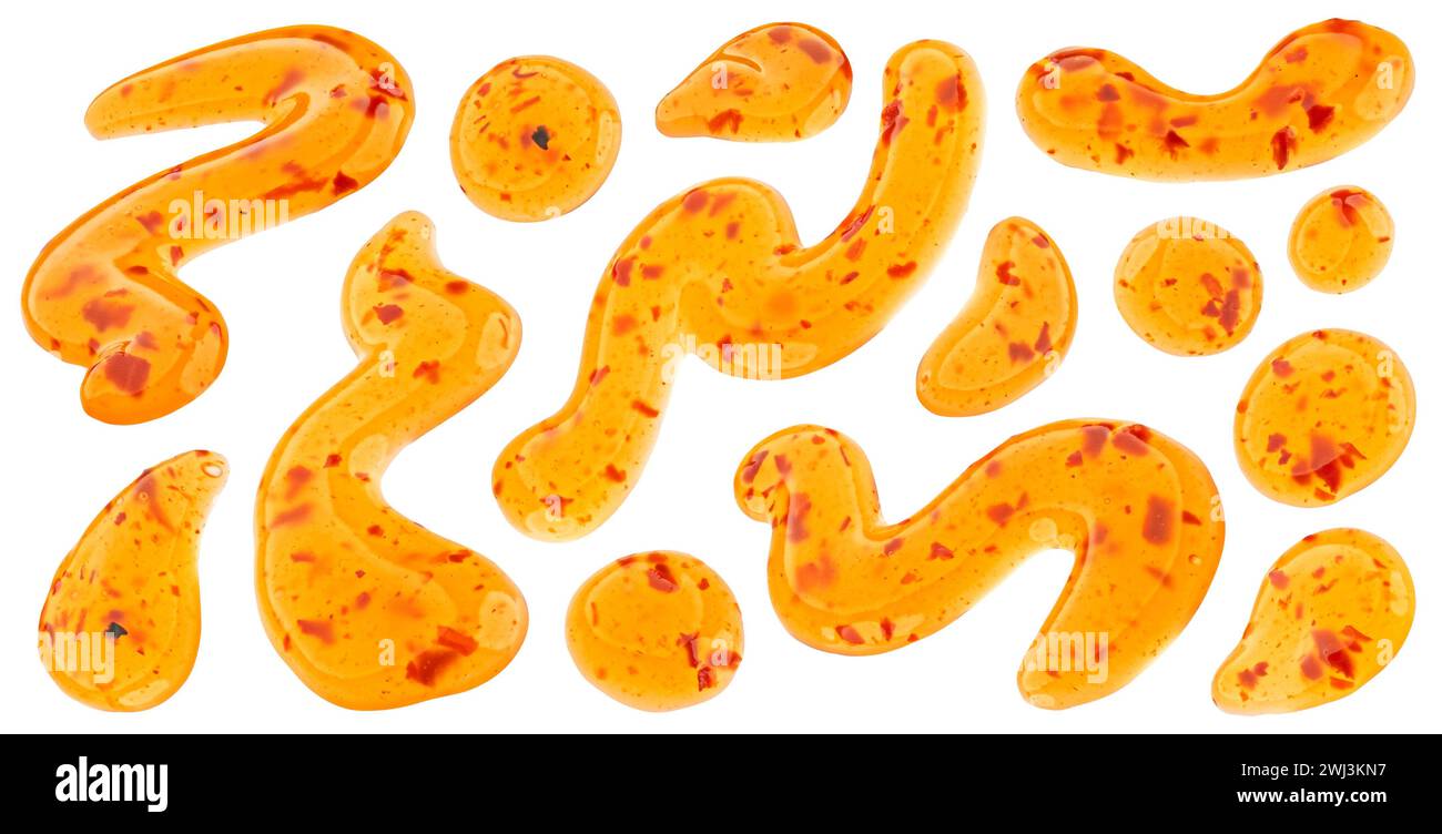 Red chili sauce drops isolated on white background Stock Photo - Alamy