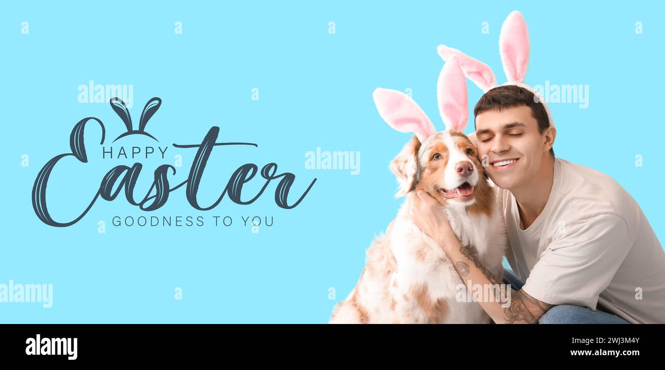 Easter banner with Australian Shepherd dog and owner on light blue ...