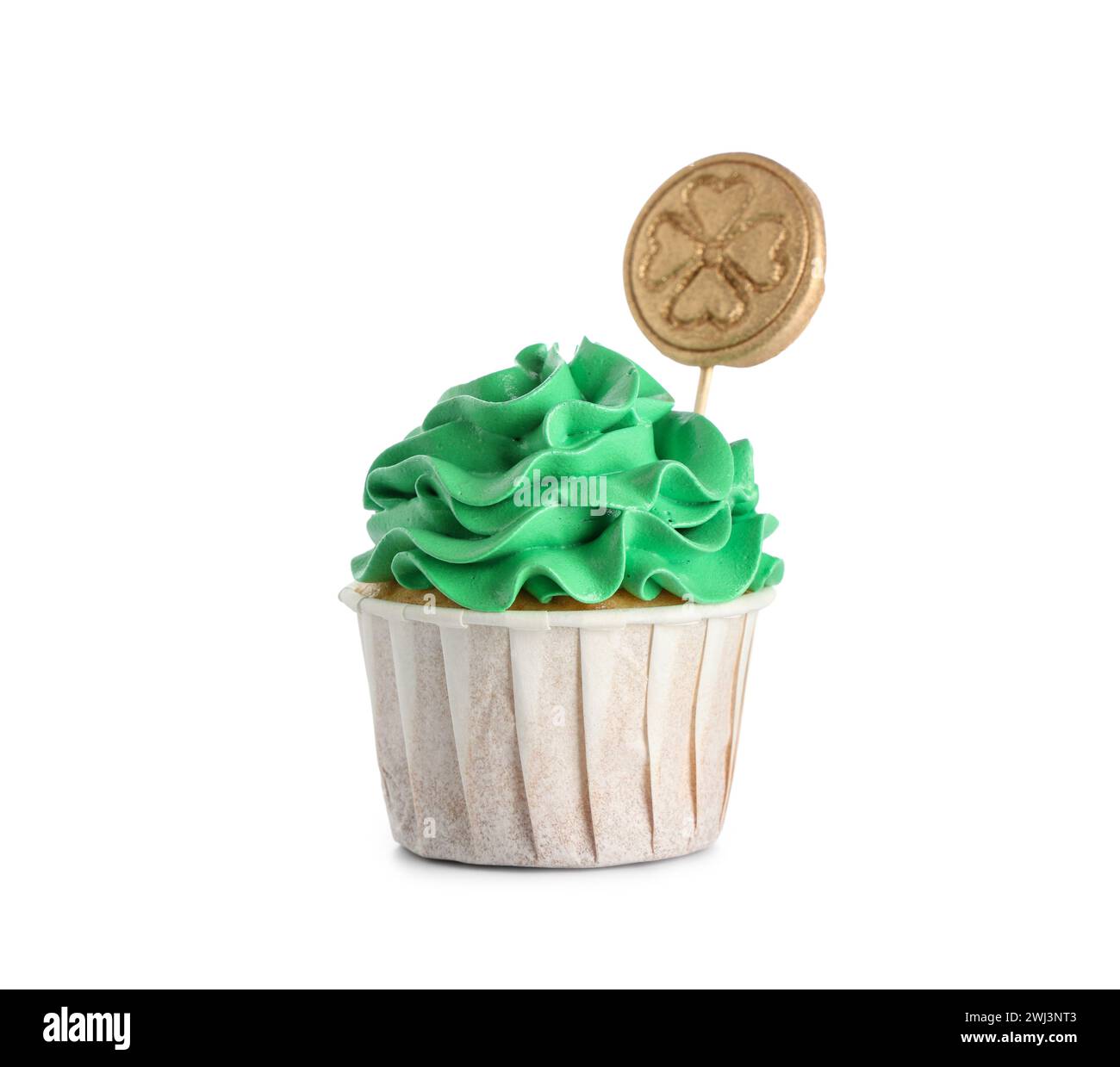 Tasty green cupcake with golden coin for St. Patrick's Day on white ...