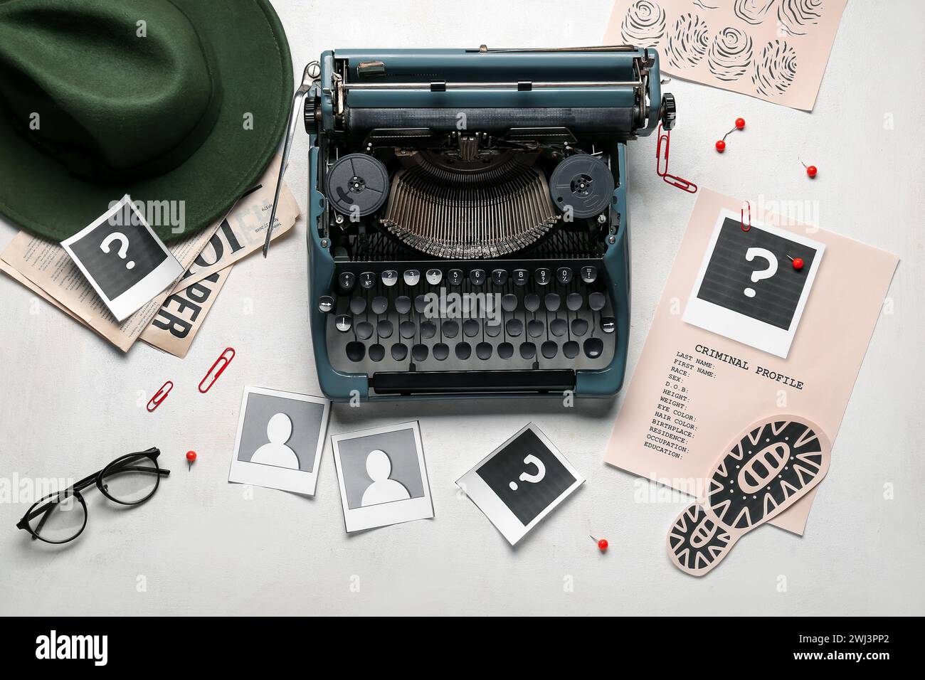 Composition with retro typewriter, stylish hat, criminal files and ...
