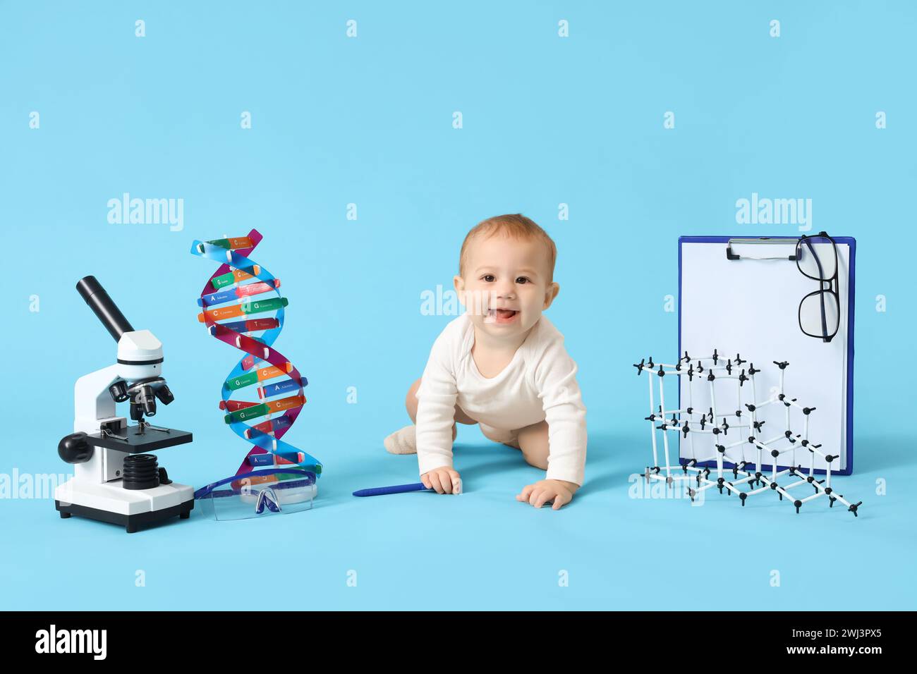 Cute little baby with scientist's items on blue background Stock Photo ...