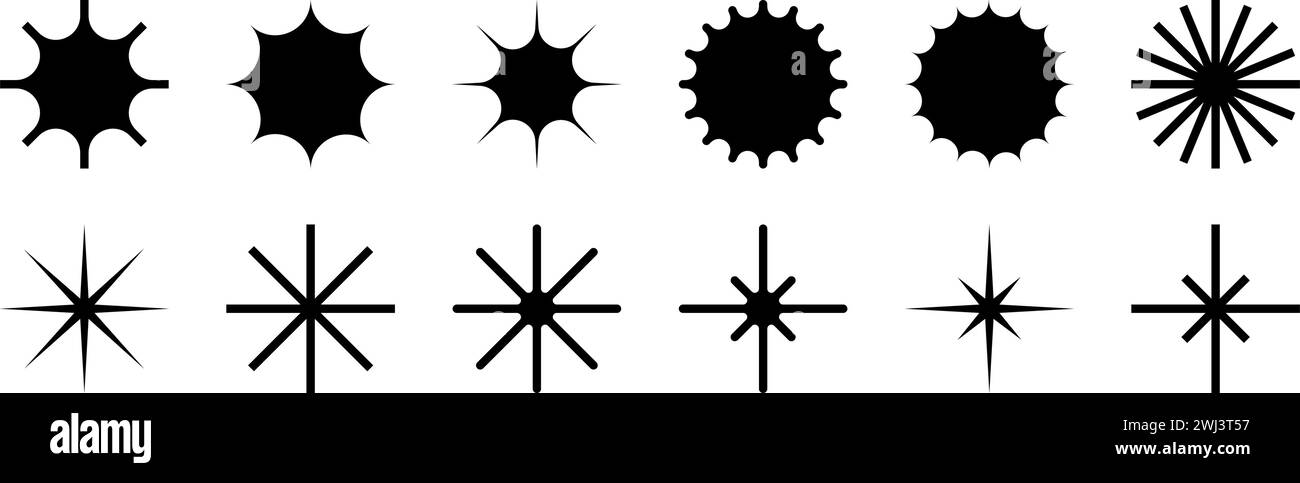 Set of black stars and sun icons. Sunburst, light, bling, twinkle ...