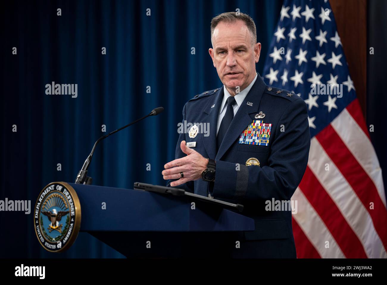 Pentagon Press Secretary U.S. Air Force Maj. Gen. Pat Ryder conducts a press briefing at the ...
