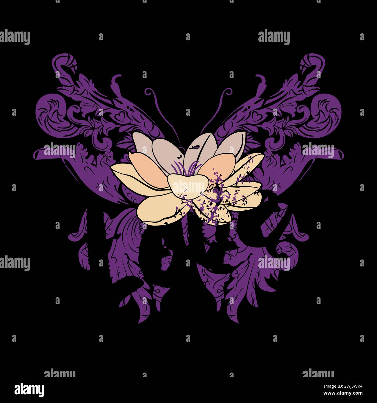 T-shirt design of lotus flower and abstract butterfly with arabesques ...
