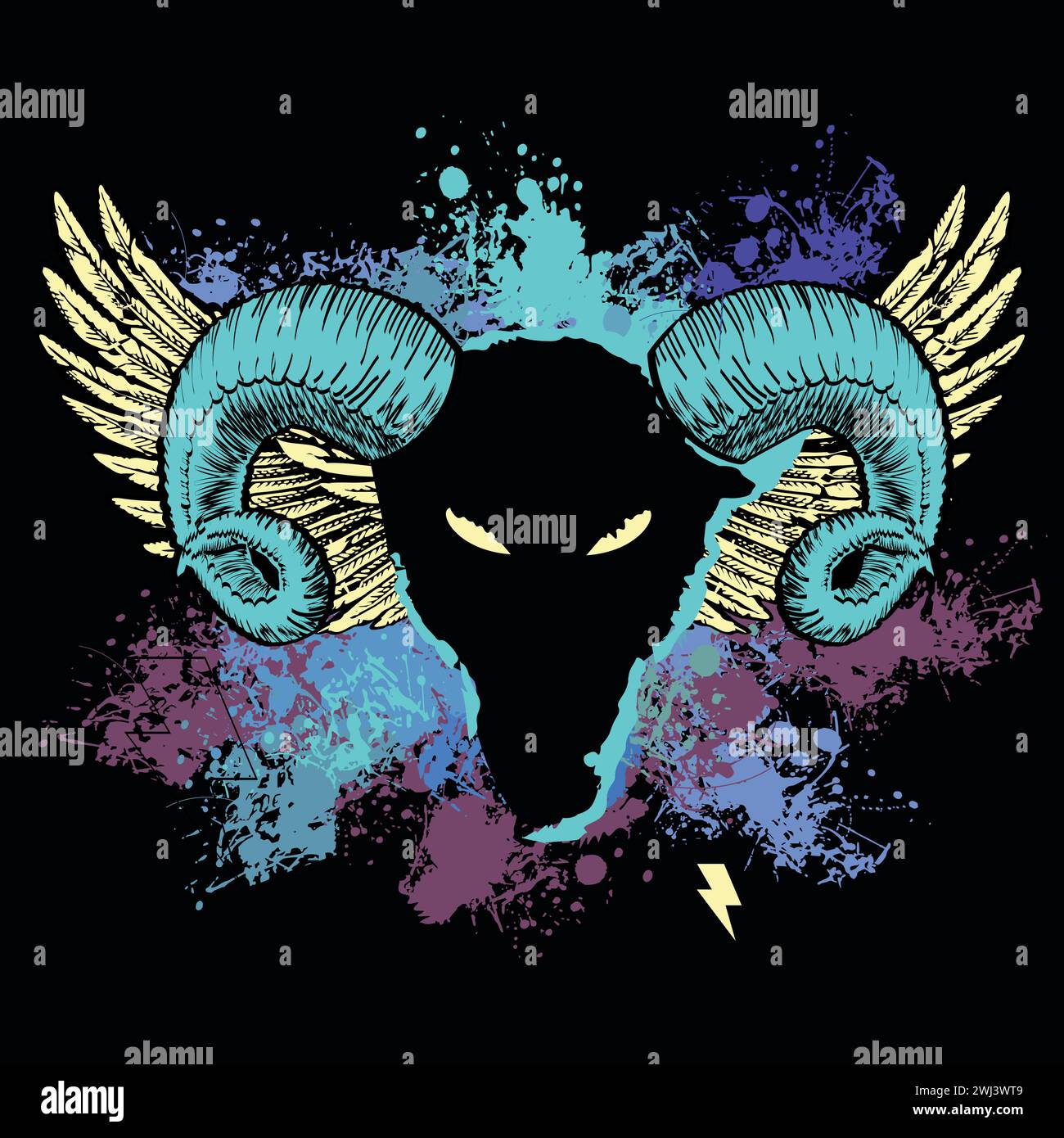 T-shirt design of a goat head with horns and wings on colored spots on ...