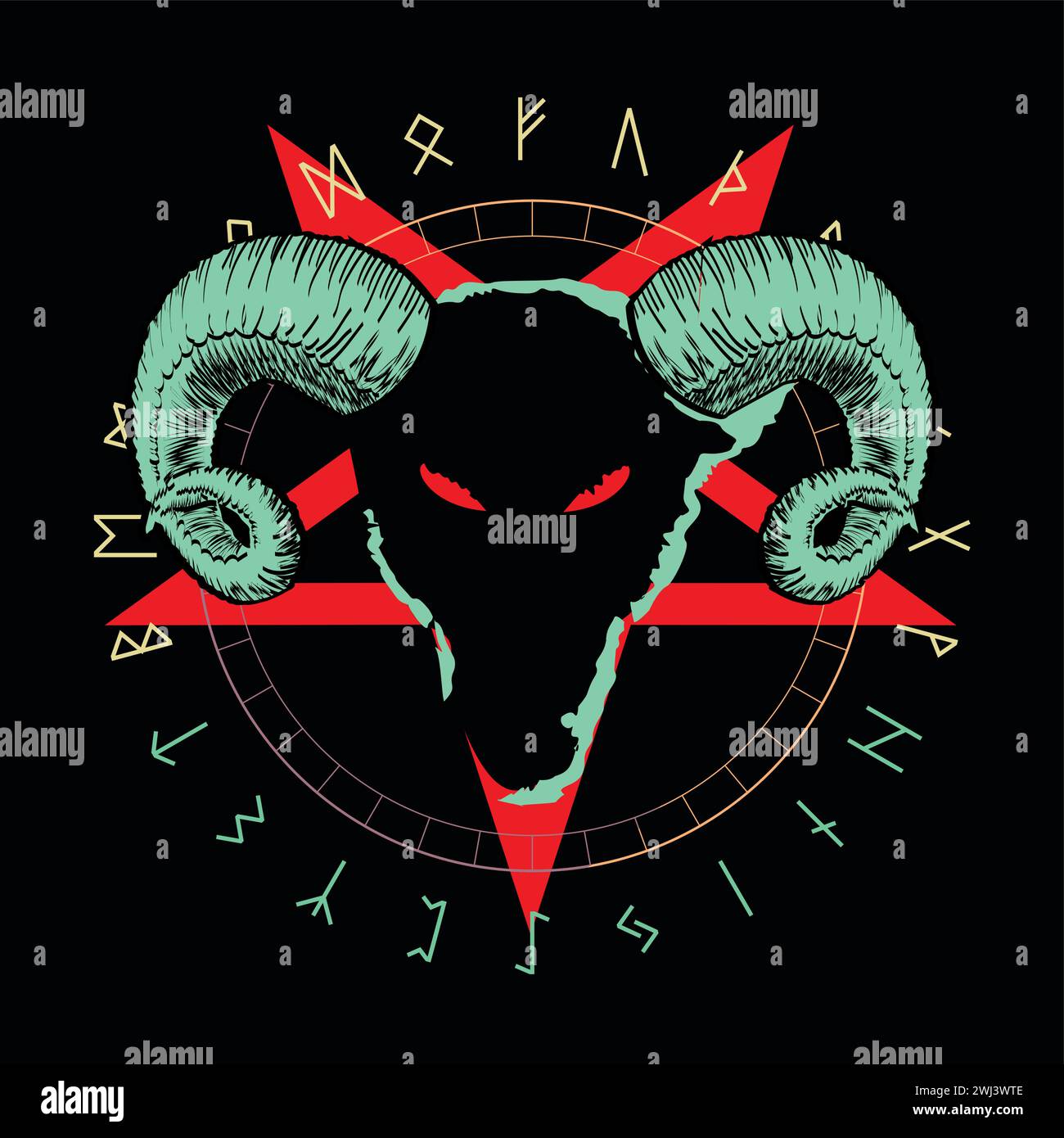 T-shirt design of a goat head along with a demonic red star and an ...