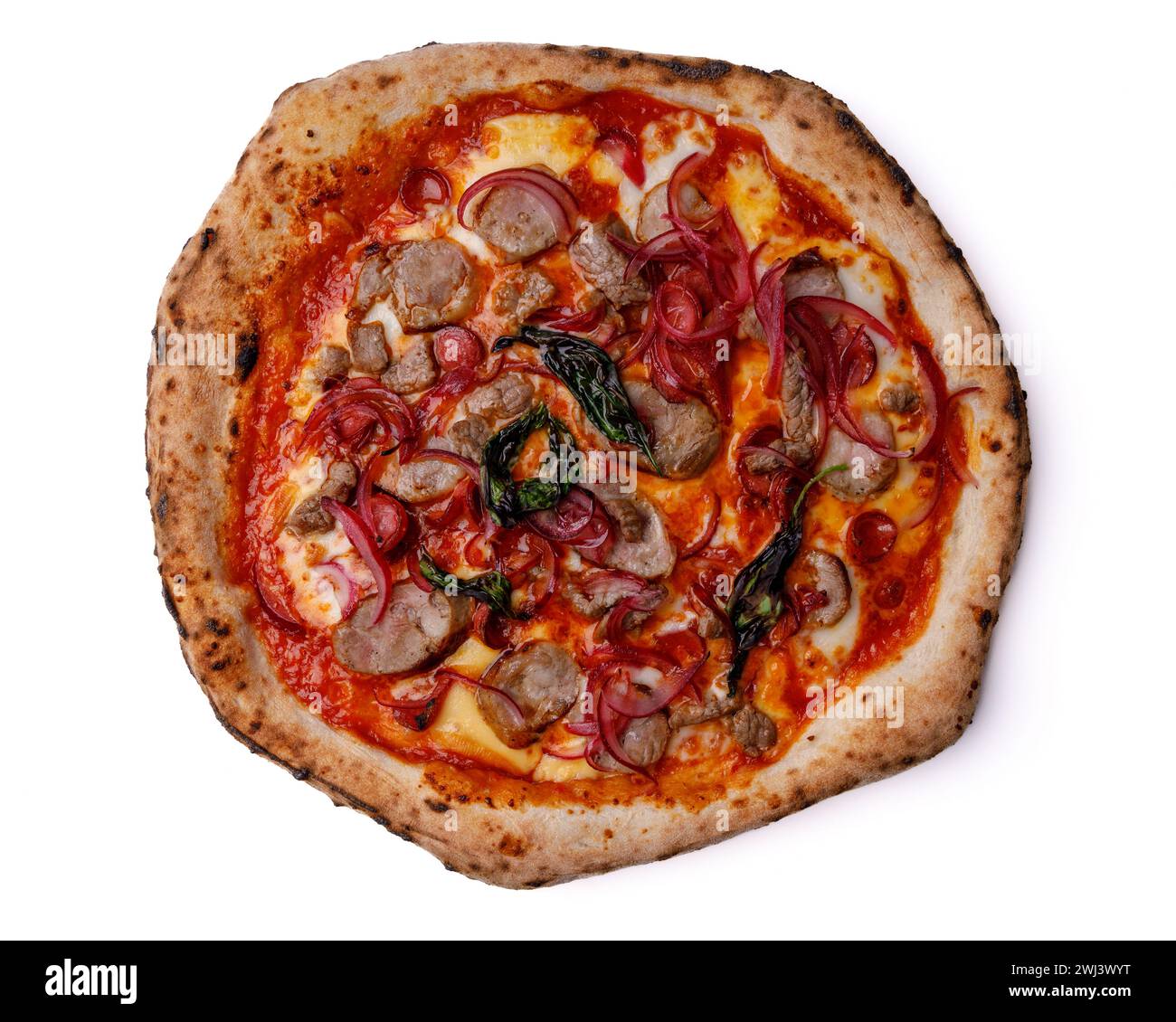 craft pizza with homemade sausage and bacon on a white background ...