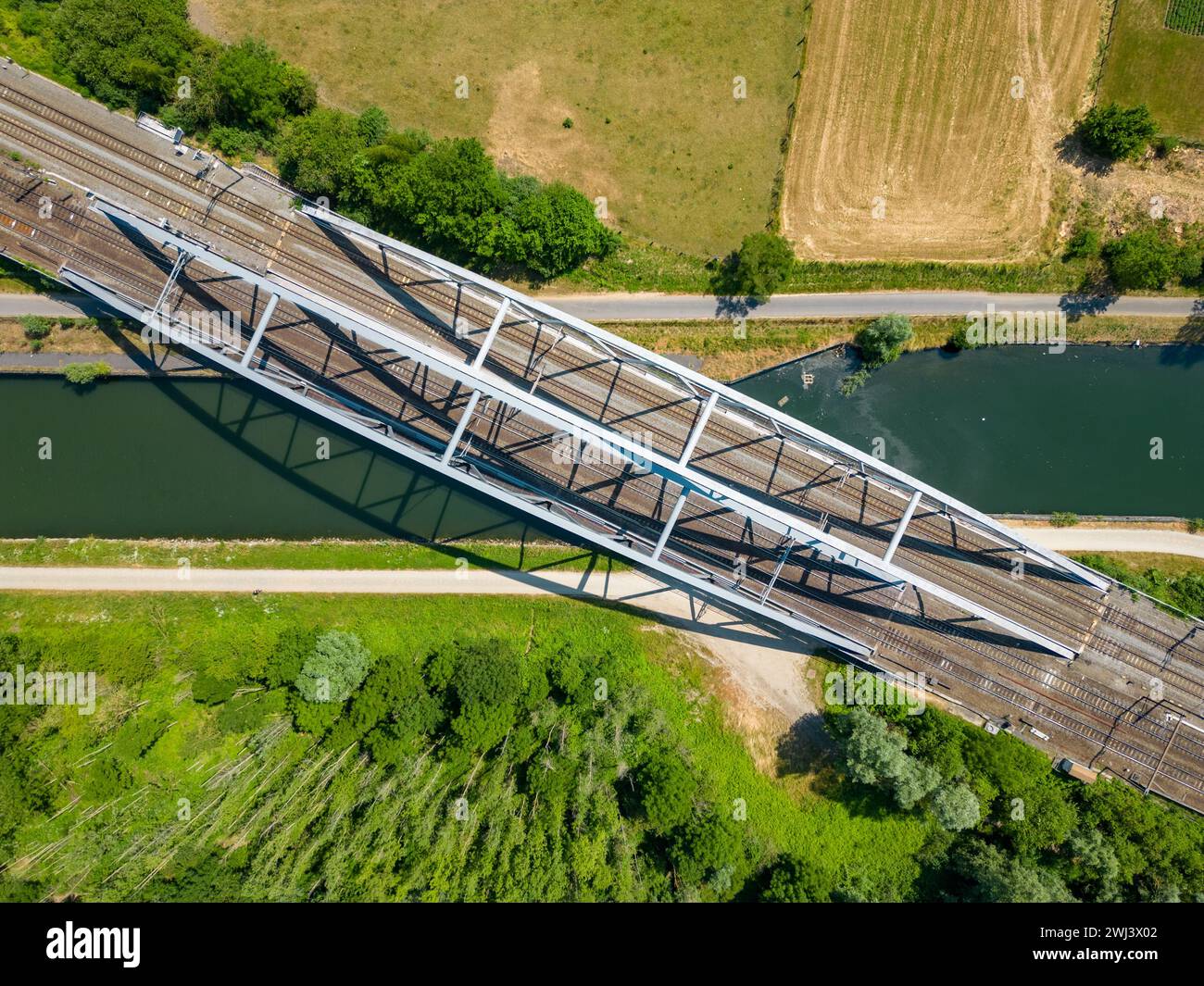 Crossing Paths: Aerial View of a Railway Bridge Over a Canal Stock ...