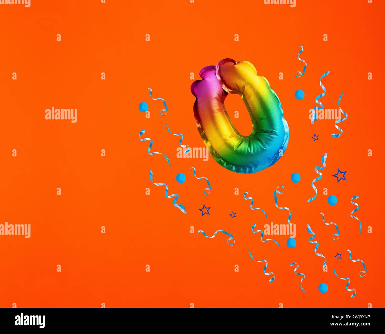 Multicolor balloon number 0 - Confetti explosion on orange background ...