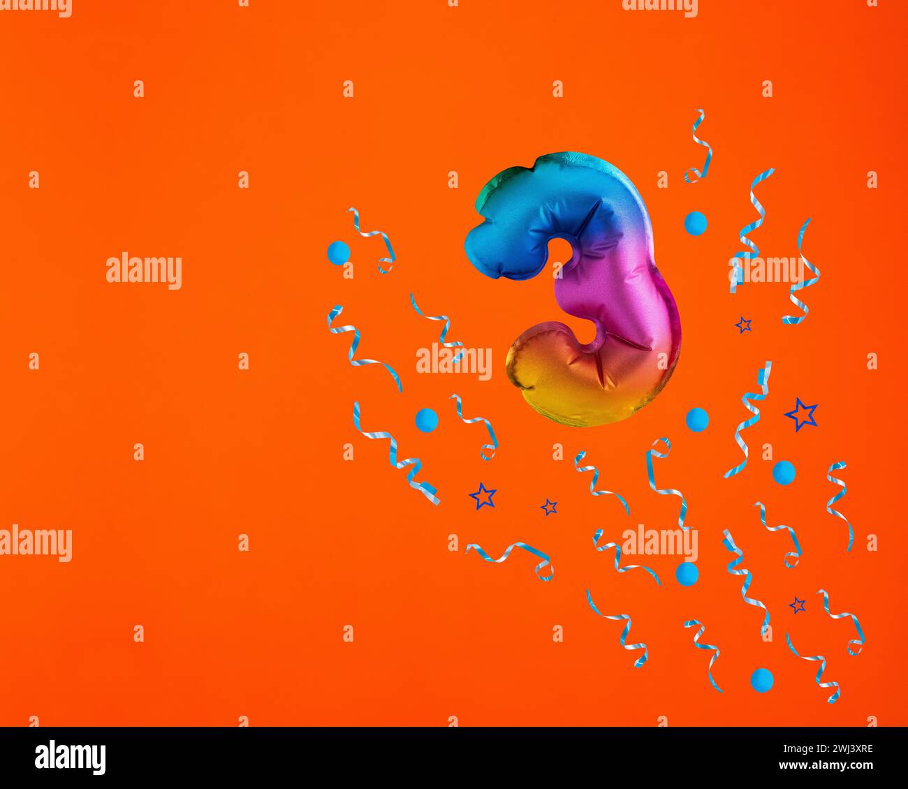 Confetti explosion with number 3 balloon - Celebration on orange ...