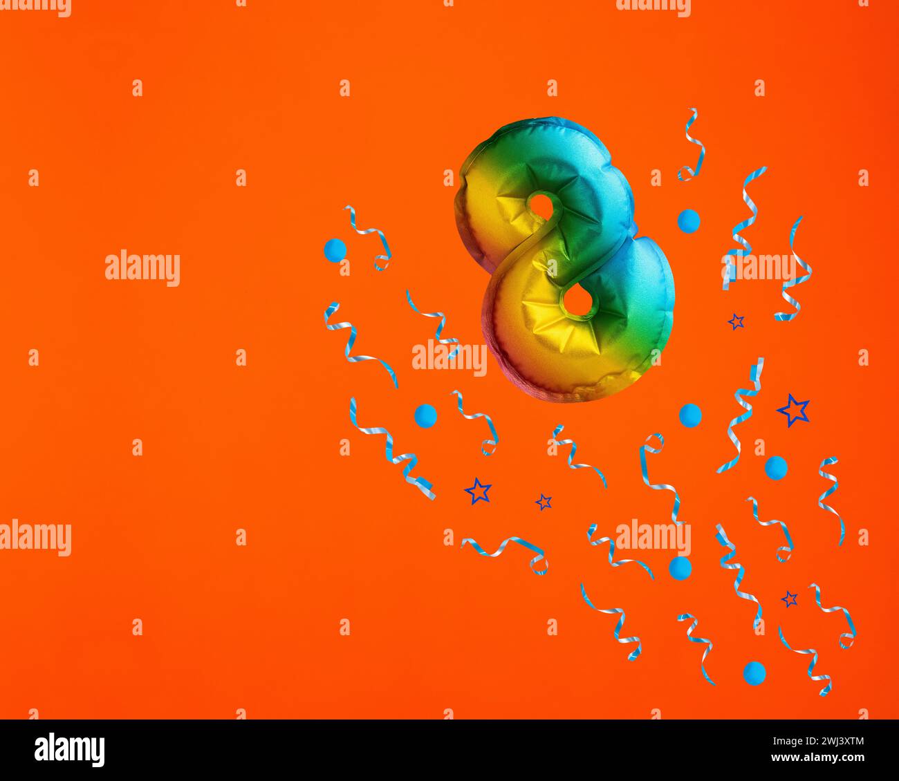 Multicolor balloon number 8 - Confetti explosion on orange background ...