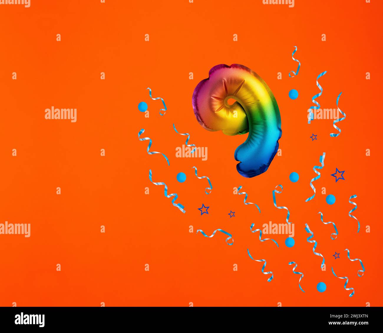 Confetti explosion with number 9 balloon - Celebration on orange ...