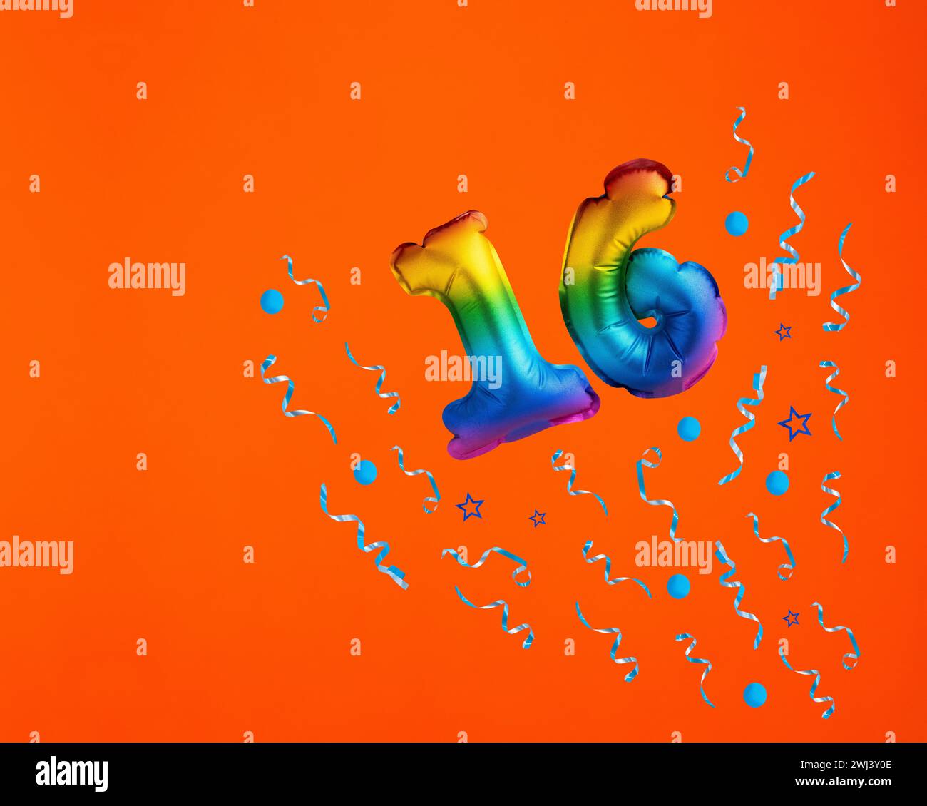 Multicolor balloon number 16 - Confetti explosion on orange background ...