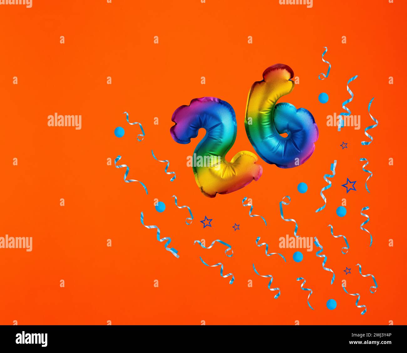 Multicolor balloon number 26 - Confetti explosion on orange background ...