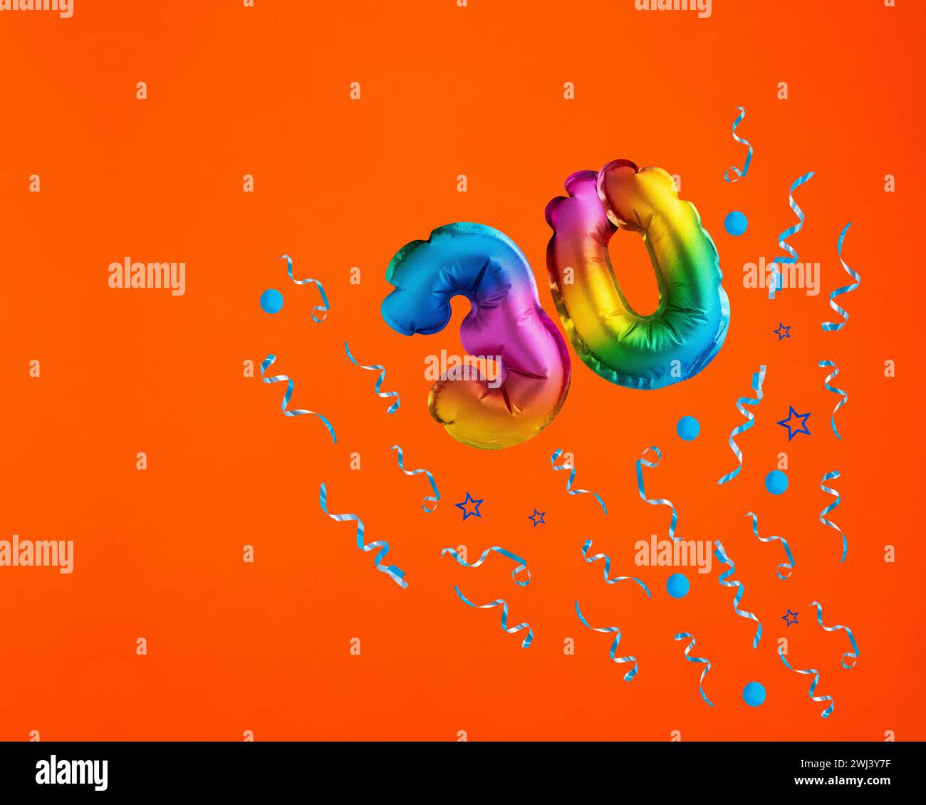 Multicolor balloon number 30 - Confetti explosion on orange background ...