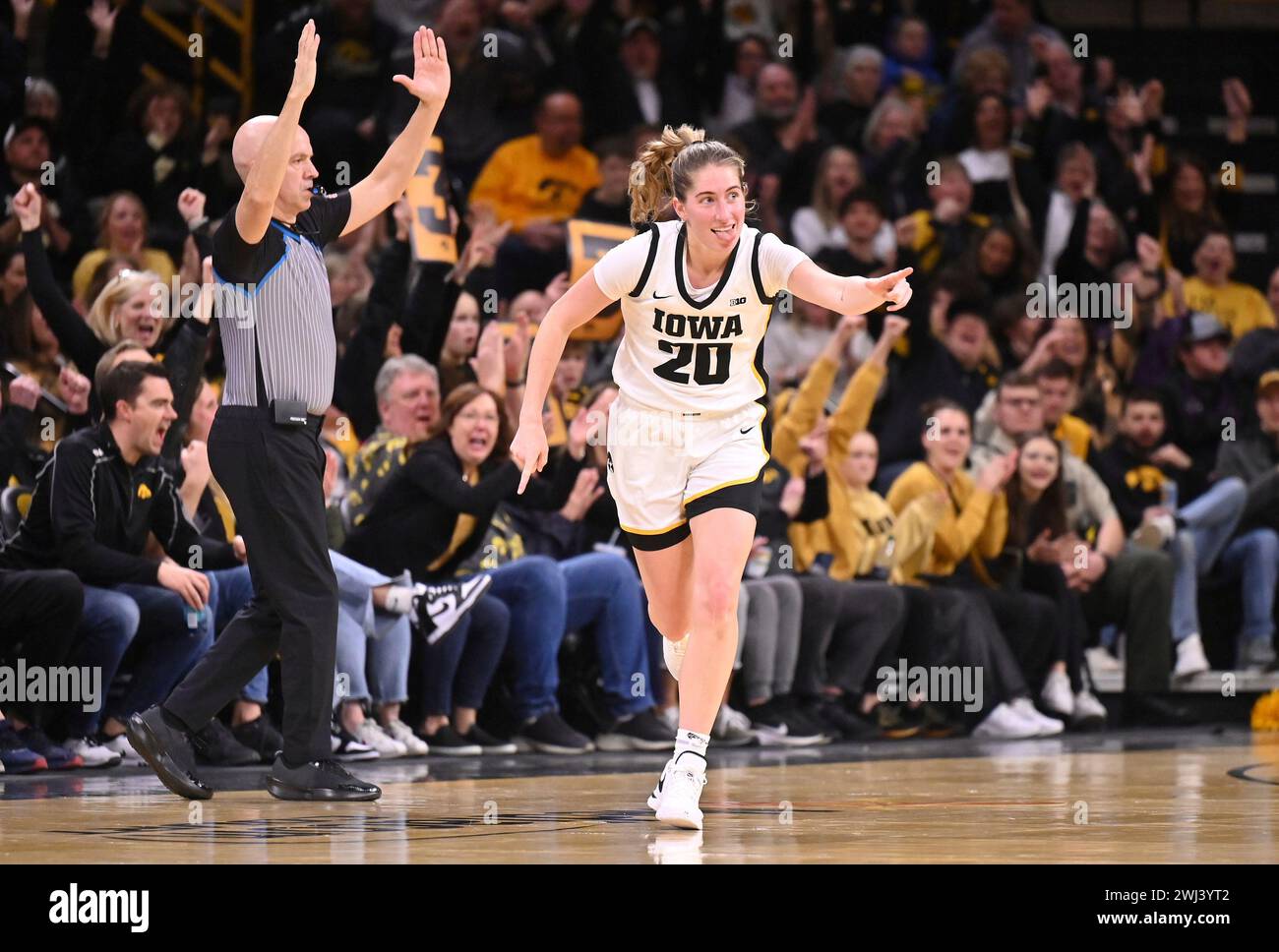 IOWA CITY, IA - FEBRUARY 08: Iowa guard Kate Martin (20) reacts after ...
