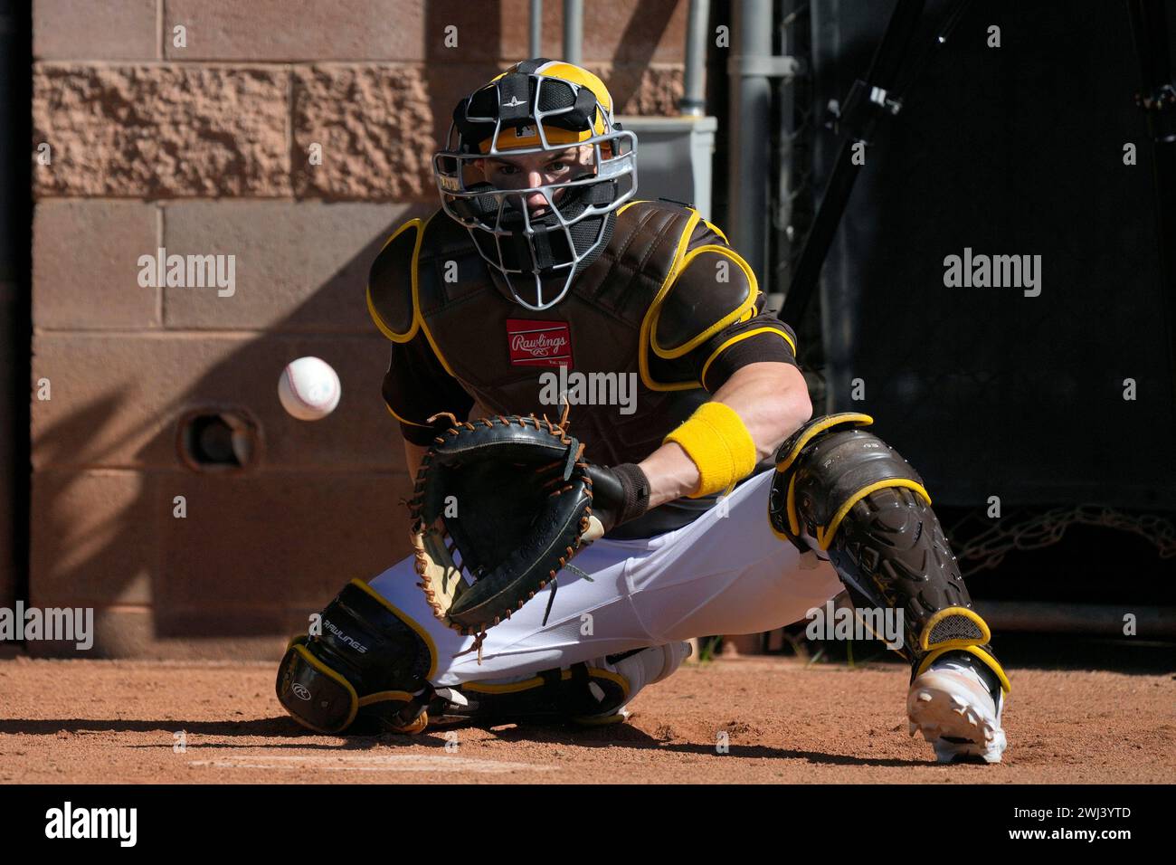 San Diego Padres catcher Brett Sullivan reaches to make a catch during ...