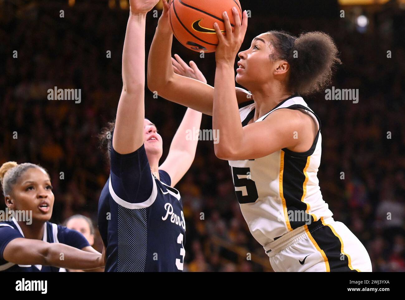 IOWA CITY, IA - FEBRUARY 08: Iowa forward Hannah Stuelke (45) shoots ...
