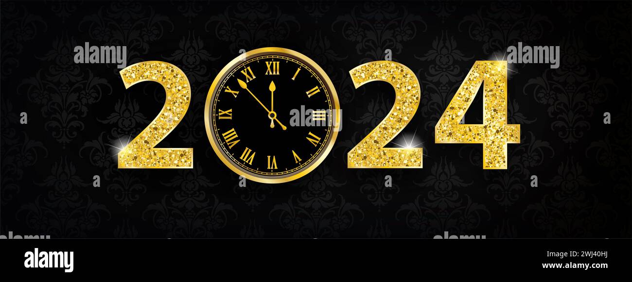 New Year banner with golden Numbers 2024, clock and dark ornaments. Eps ...