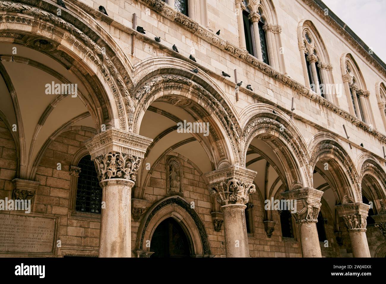 Arcade with carved columns of the princely palace. Dubrovnik, Croatia ...