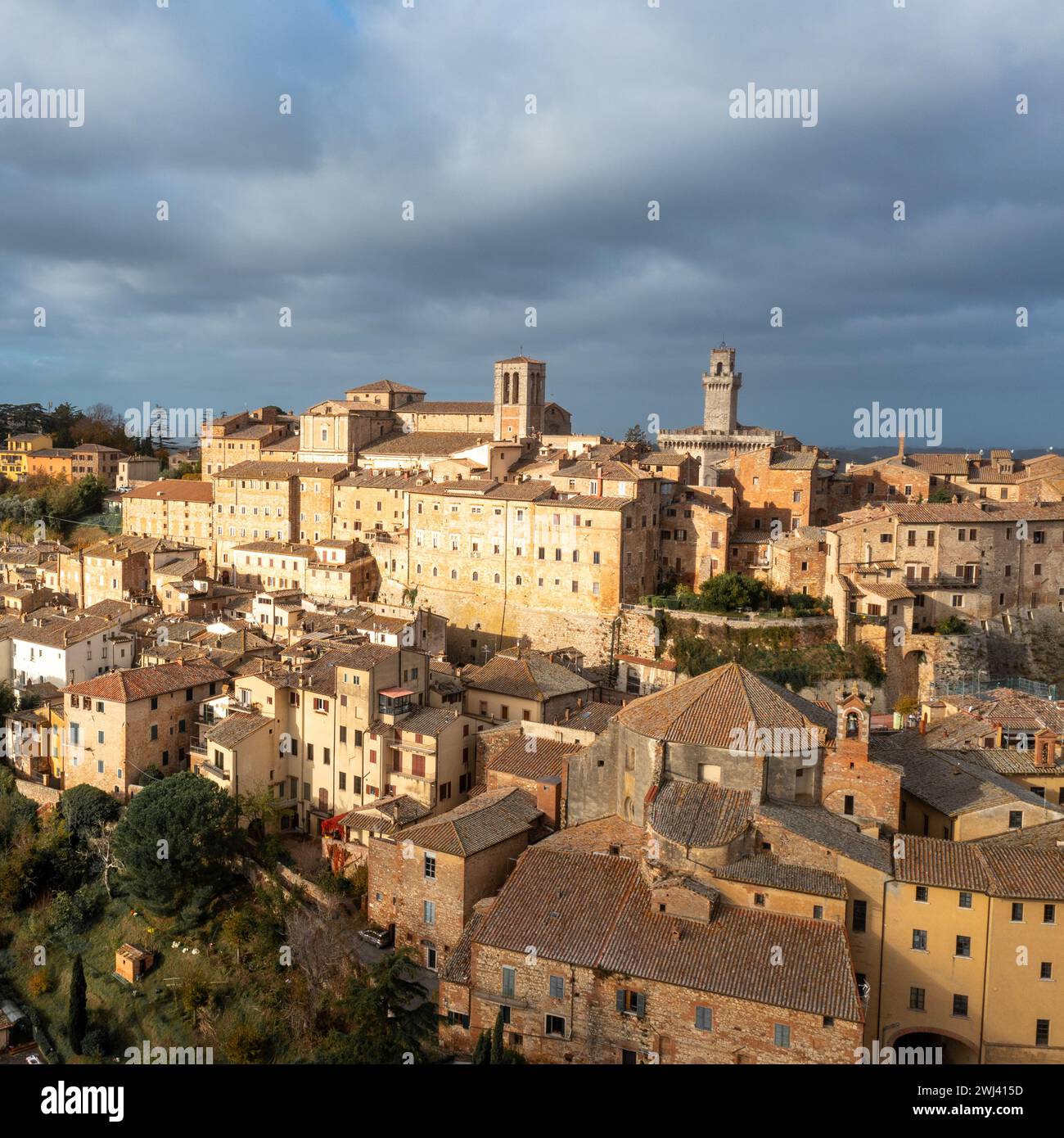 Drone view of the Tuscan hilltop village and wine capital of ...