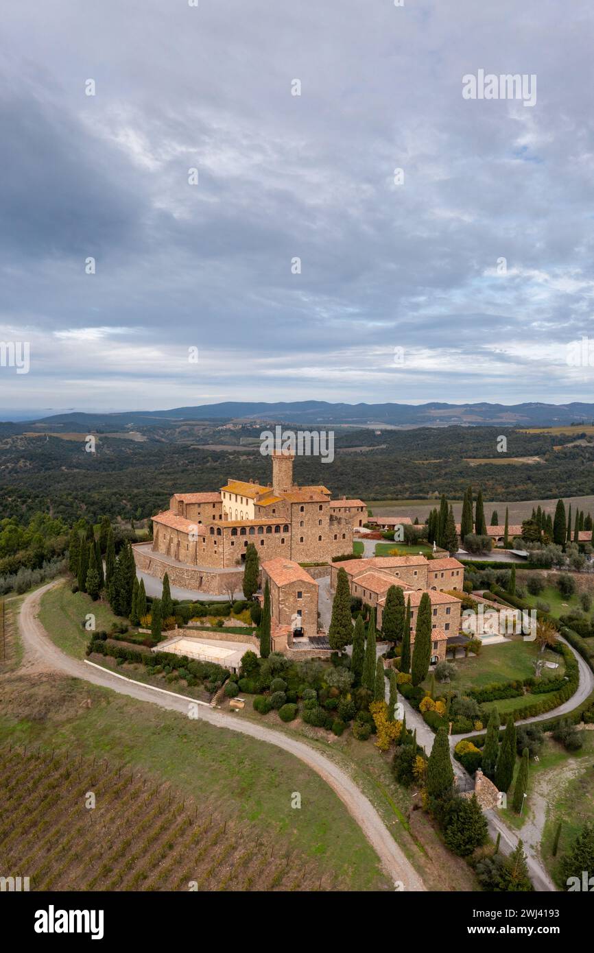 Aerial view of the Poggio alle Mura Castle and Villa Banfi wine resort ...
