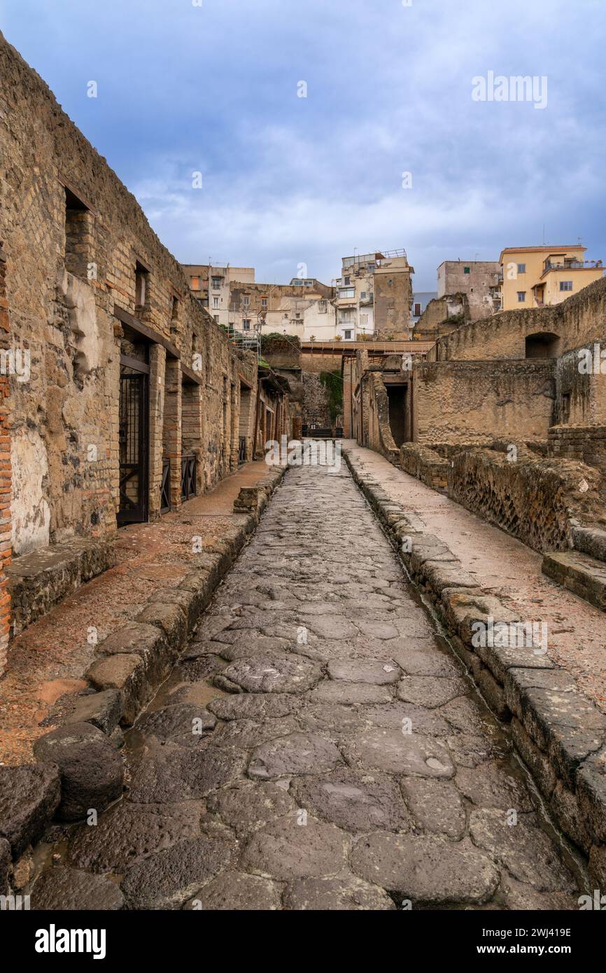 Typical city street and houses in the ancient Roman town of Herculaneum ...