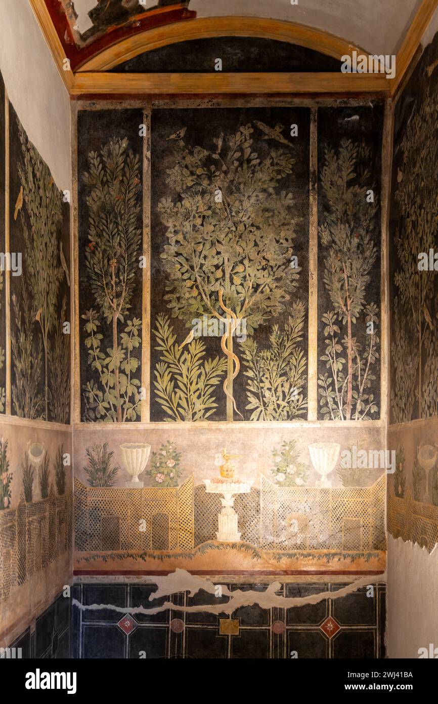 Fresco wall art in a patrician house in the ancient city of Pompeii ...