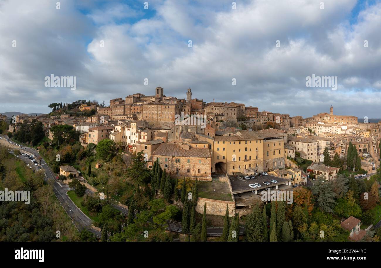 Drone view of the Tuscan hilltop village and wine capital of ...