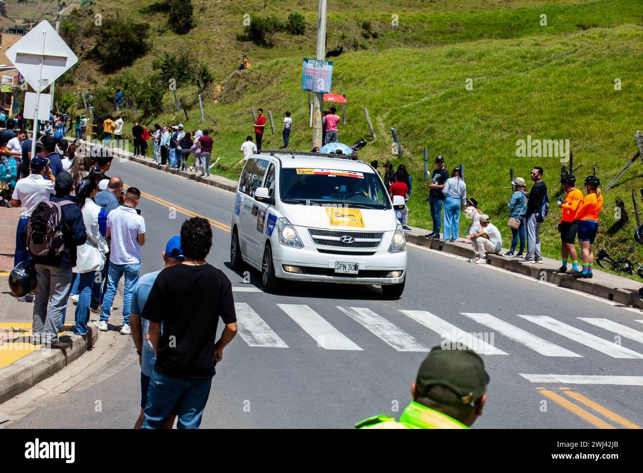 LA CALERA, COLOMBIA - FEBRUARY 11, 2024: Press vehicle. Sixth and final ...