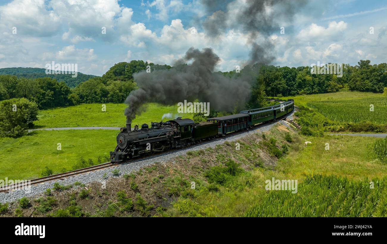Aerial View of a Narrow Gauge Steam Passenger Train, Approaching ...