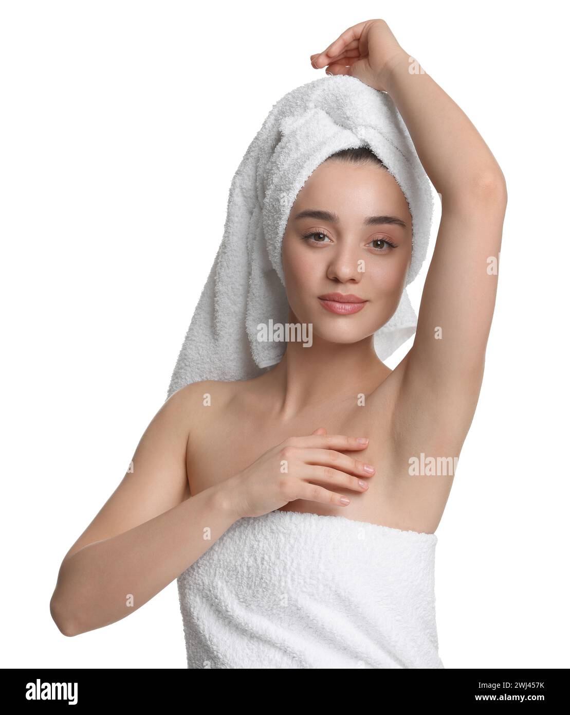 Beautiful woman showing armpit with smooth clean skin on white ...