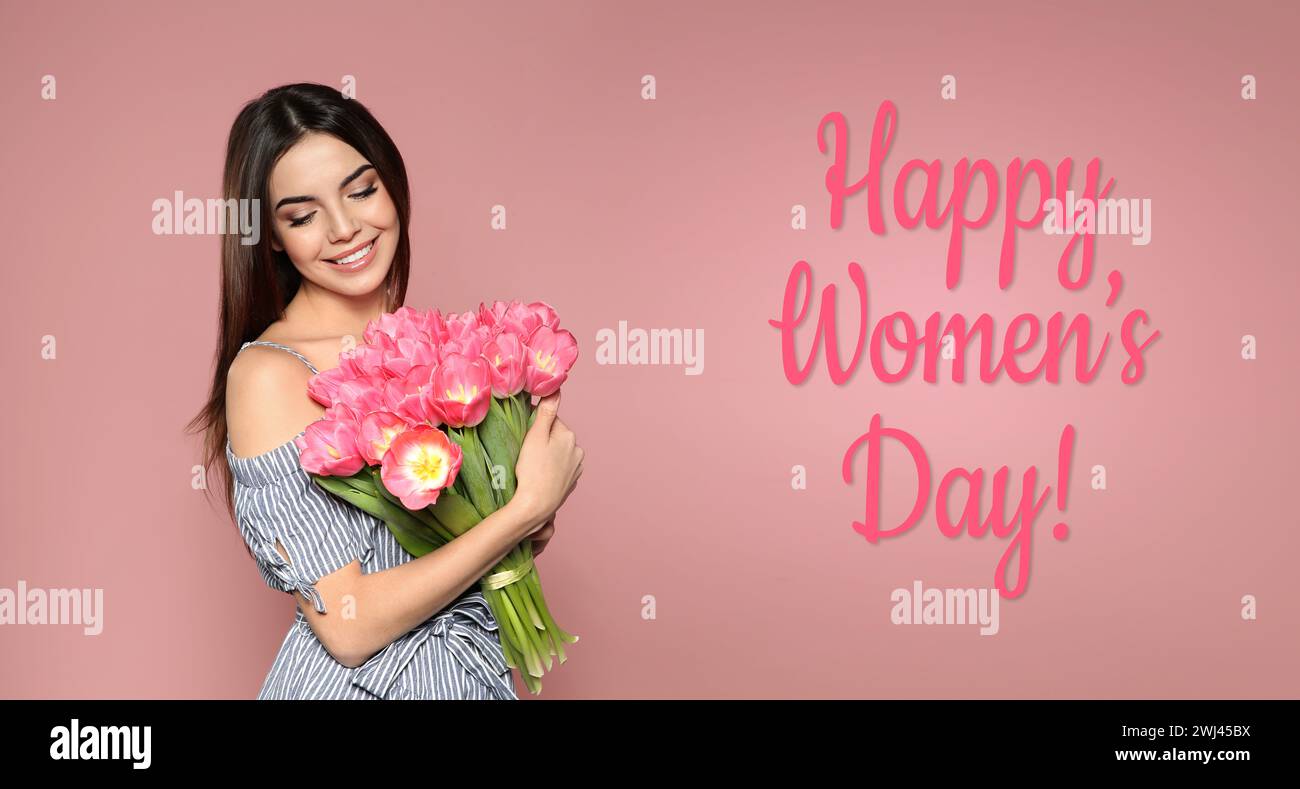 Happy Women's Day, Charming lady holding bouquet of beautiful flowers ...