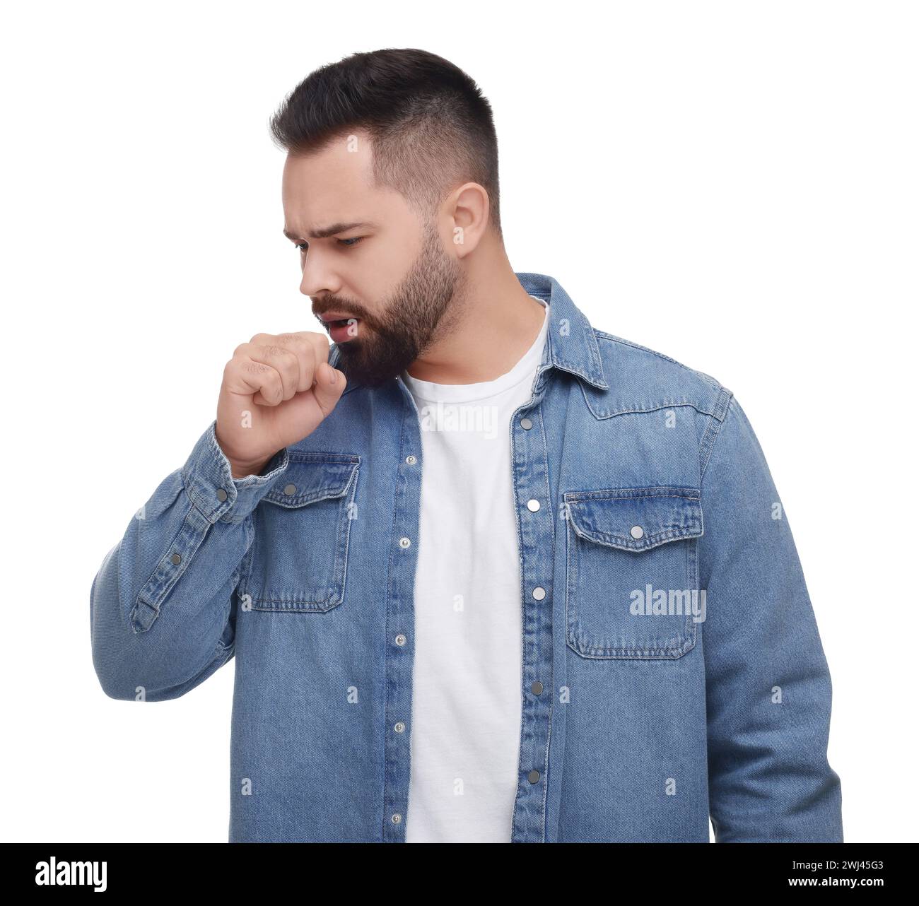 Sick man coughing on white background. Cold symptoms Stock Photo - Alamy