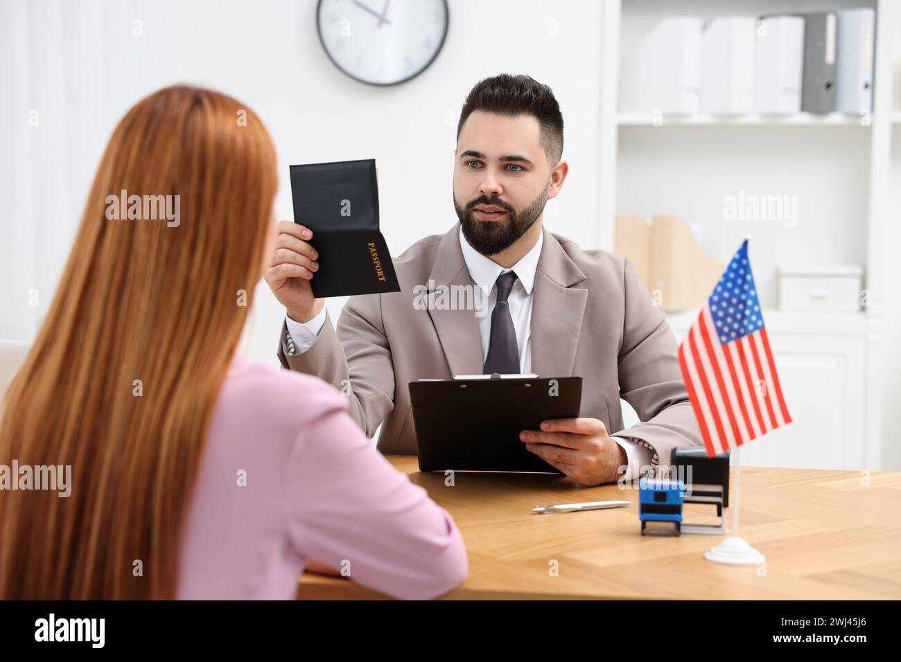 Immigration to United States. Woman having interview with embassy ...
