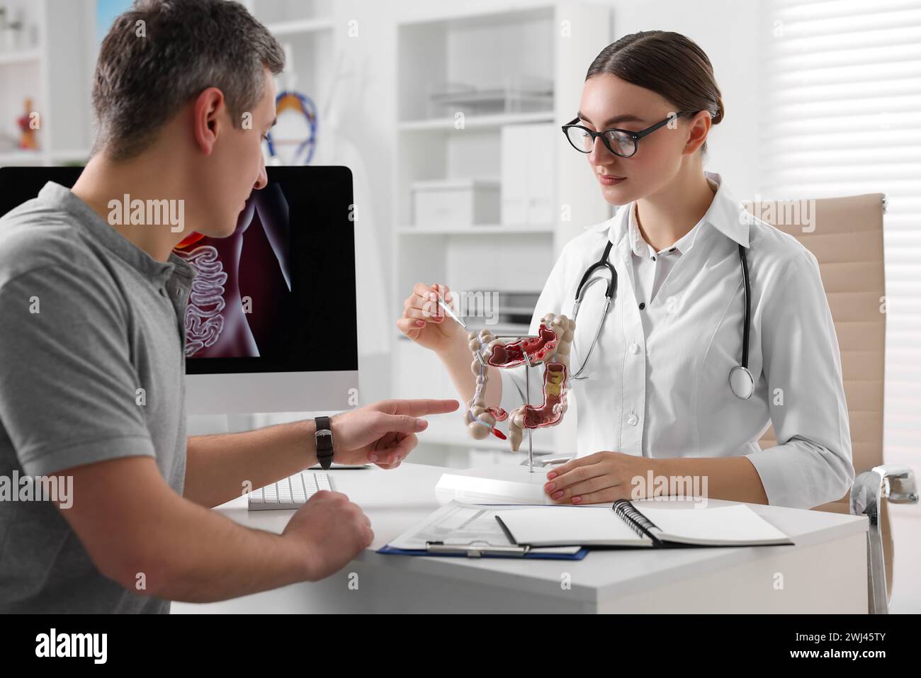 Gastroenterologist with anatomical model of large intestine consulting ...
