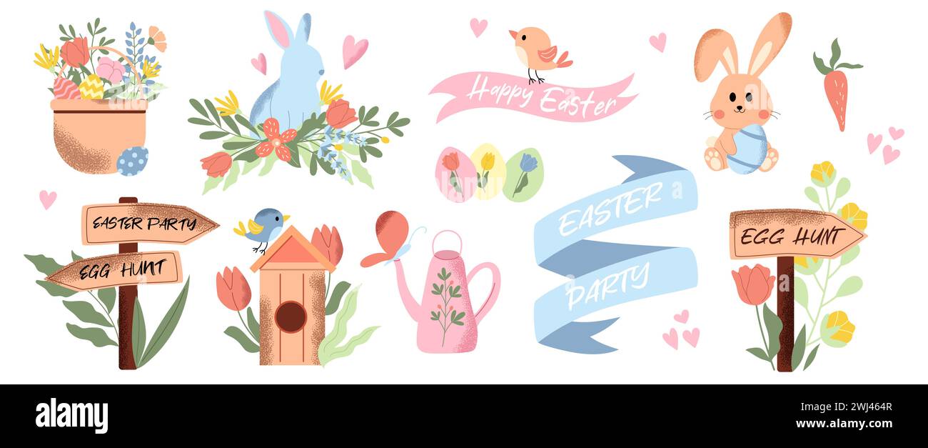 Easter collection of flowers, eggs, bunny, ribbons, basket, birdhouse ...